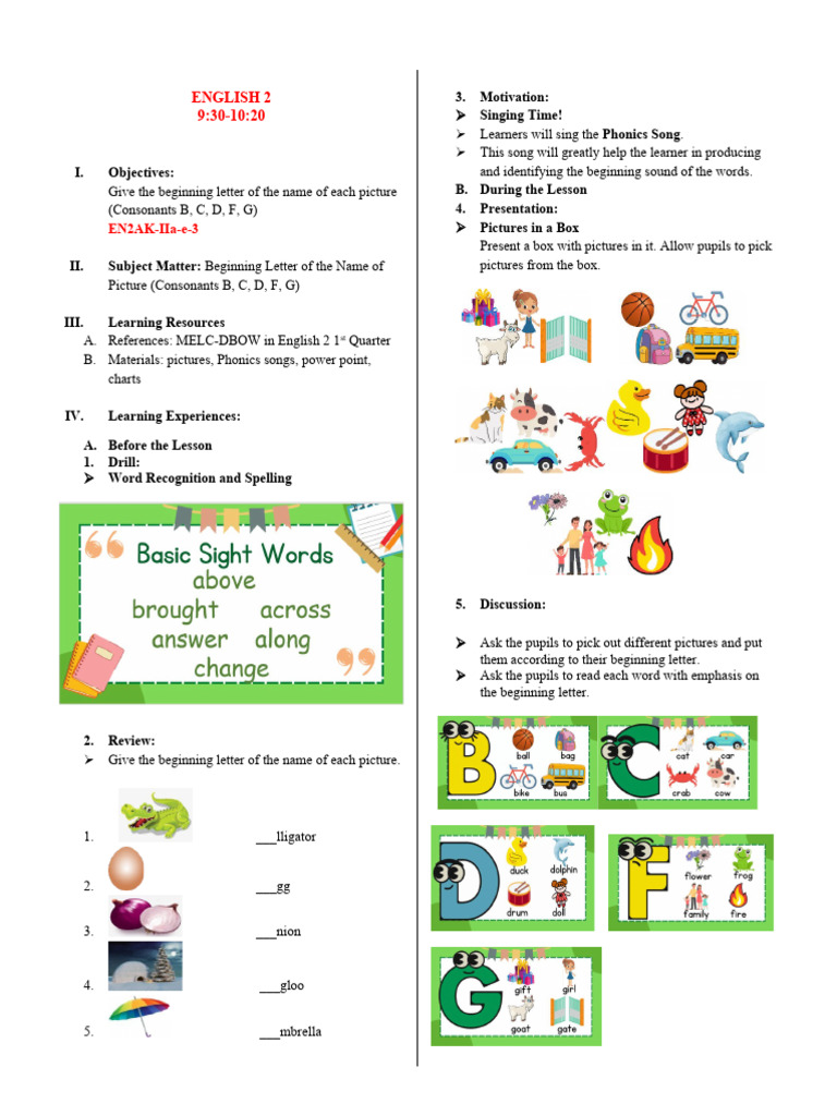 Beginning Letter of The Name of Picture (Consonants B, C, D, F, G ...