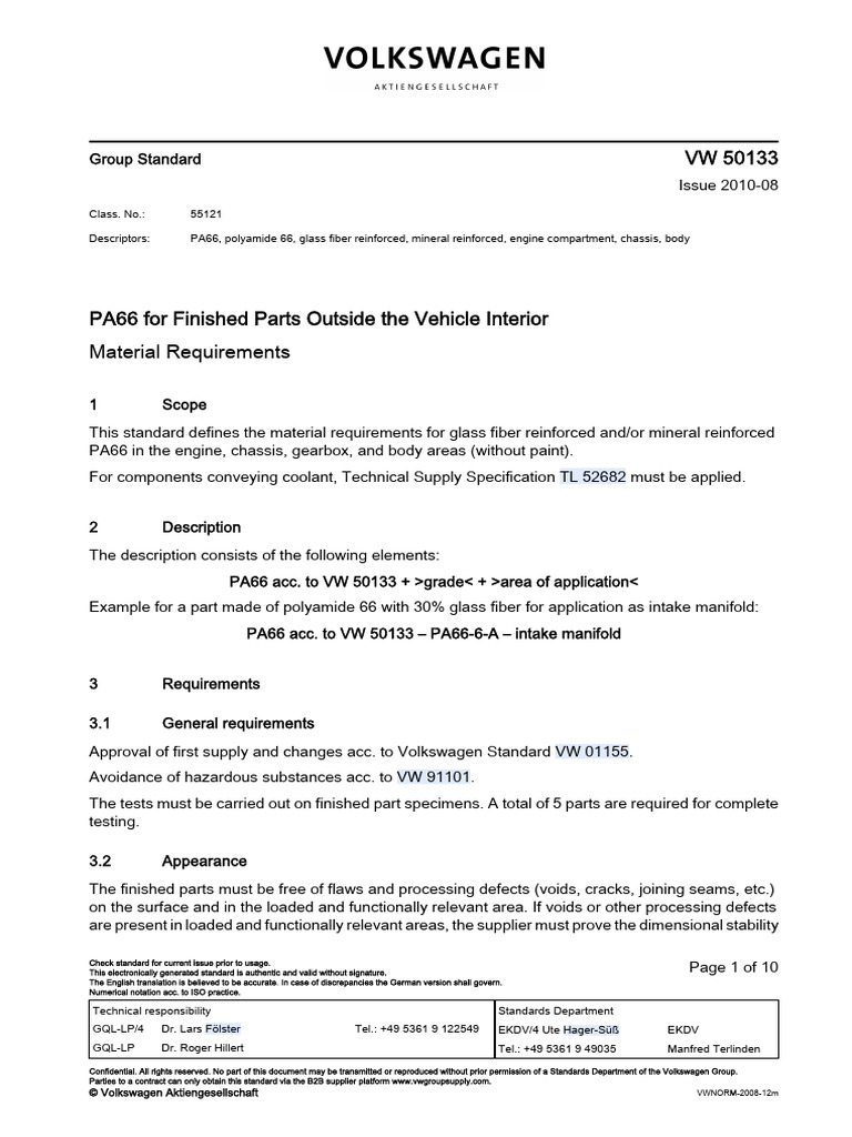 VW - 50133 - 2010 Englisch - 1 PA66 For Finished Parts Outside The Vehicle Interior | PDF ...