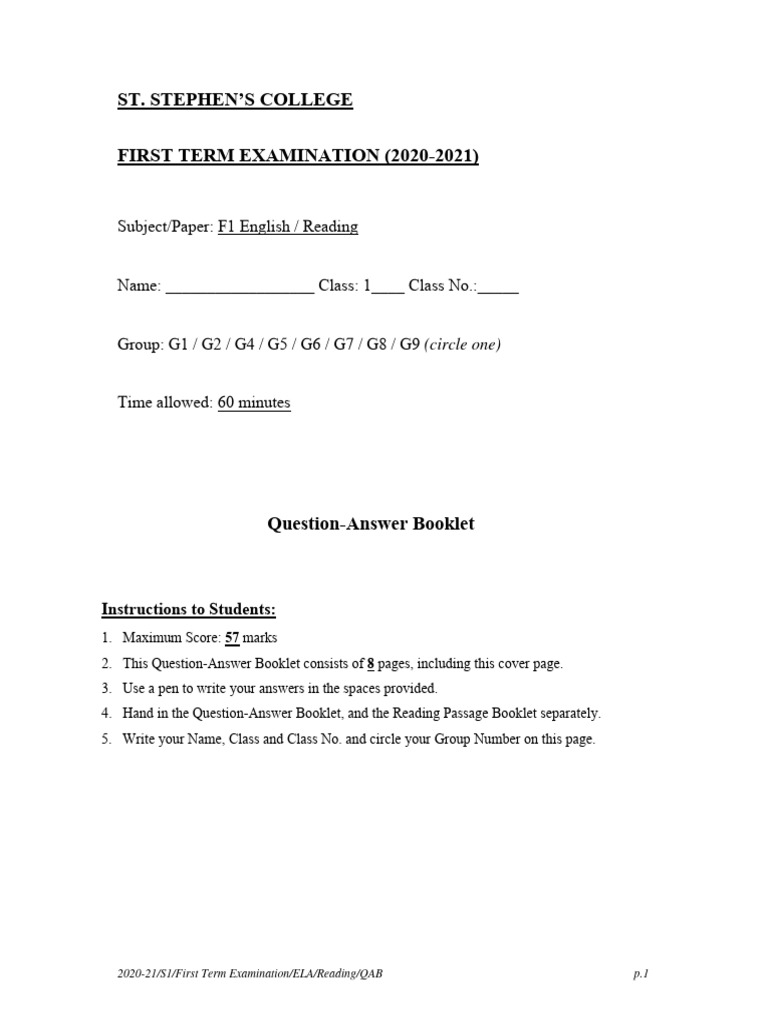 2020-2021 S1 First Term Examination ELA Reading QAB FINAL | PDF | Loch ...