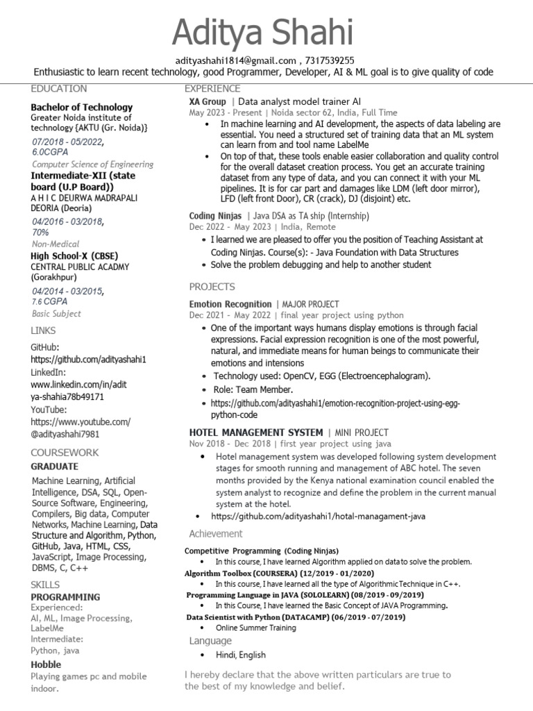 New Updated Resume Aditya 1 | PDF | Computer Programming | Machine Learning