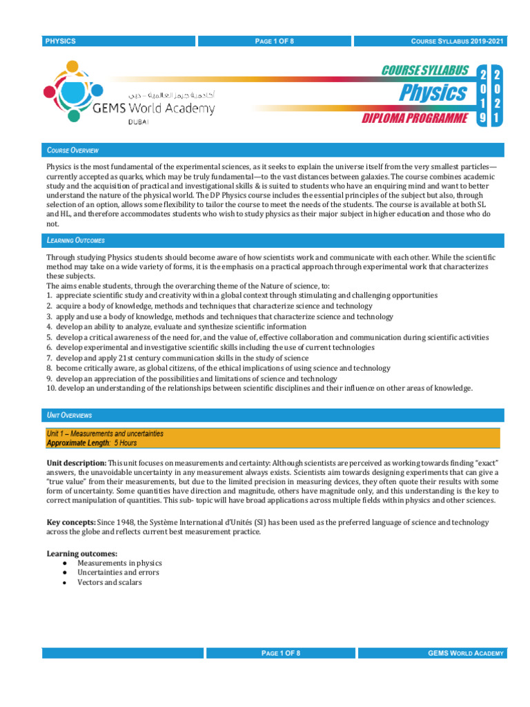 Physics Course Syllabus 2019 | PDF | Matter | Educational Assessment
