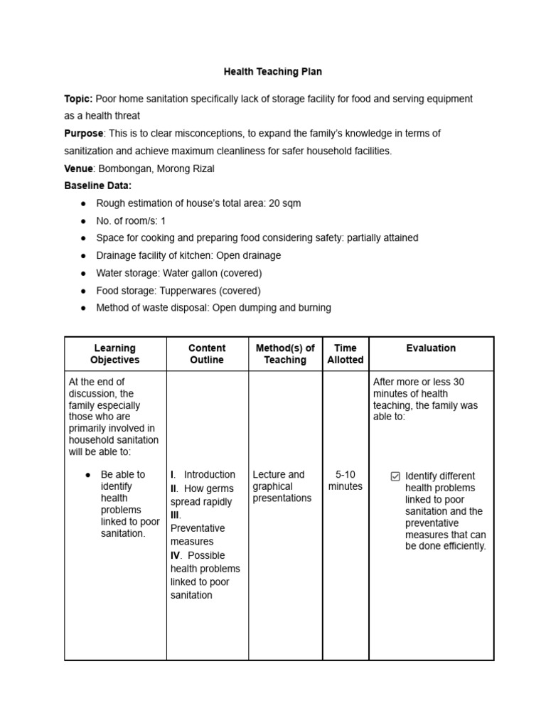 Health Teaching Plan | PDF | Diarrhea | Sanitation