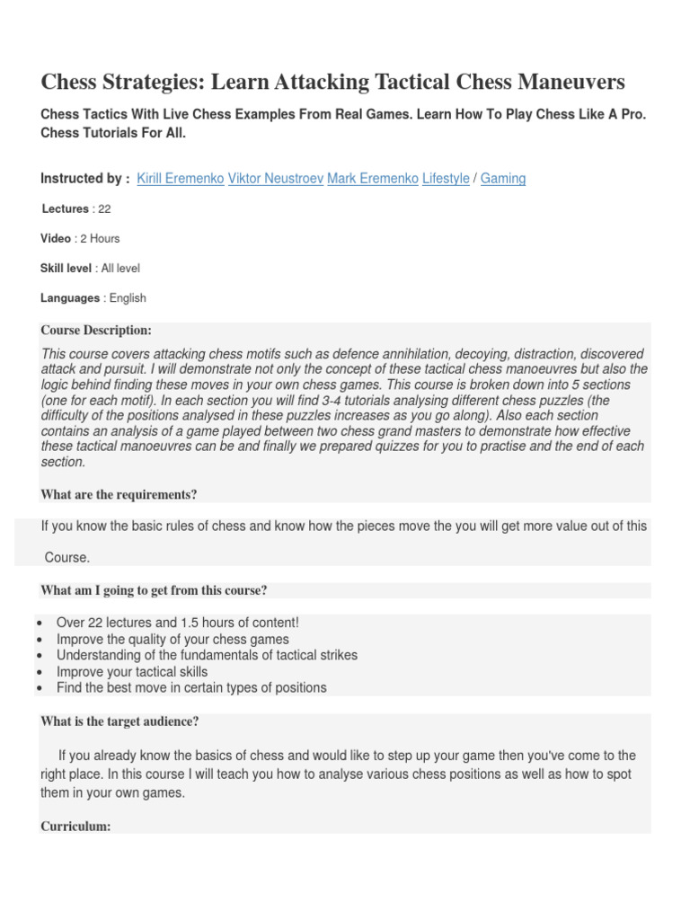 Chess Strategies Learn Attacking Tactical Chess Maneuvers | PDF | Chess ...