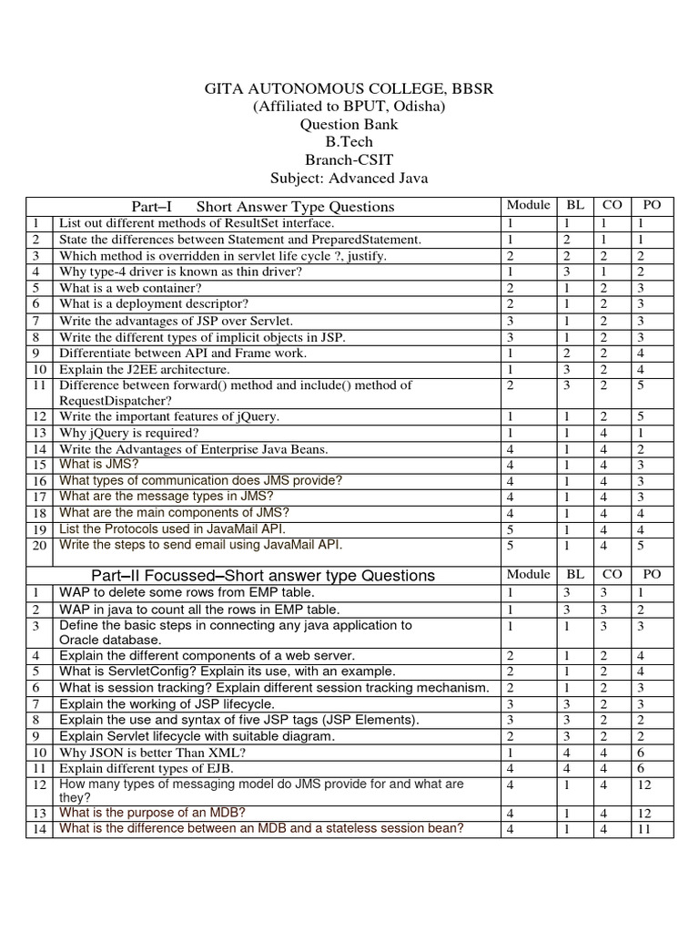 Question Bank Adv Java-2024 | PDF | Computing | Computer Programming