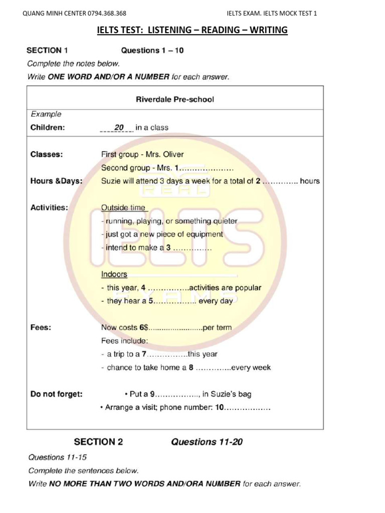 Full Ielts Mock Test. 1 | PDF