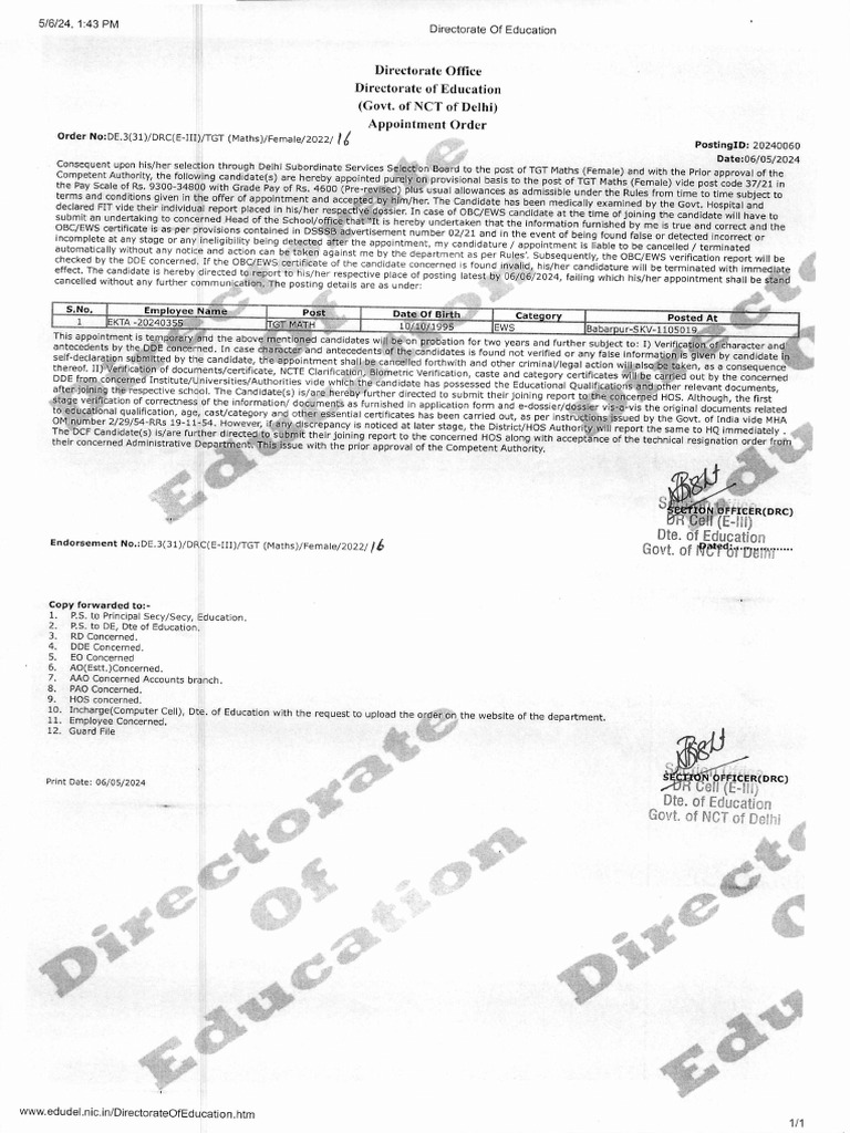 TGT Maths Female Appointment Order | PDF | Government | Justice