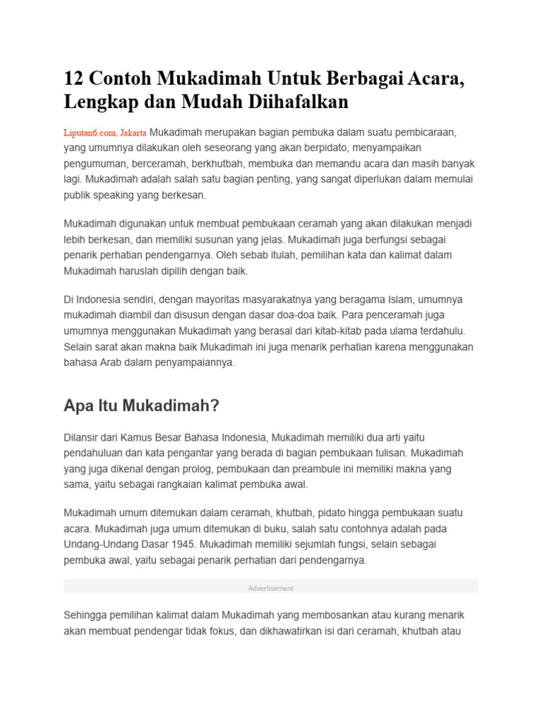 12 Contoh Mukadimah Untuk Berbagai Acara | PDF