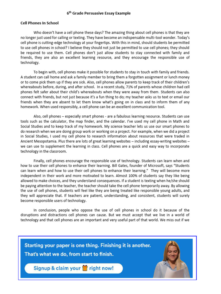 6th Grade Essay: Cell Phones in School | PDF | Mobile Phones | Teachers