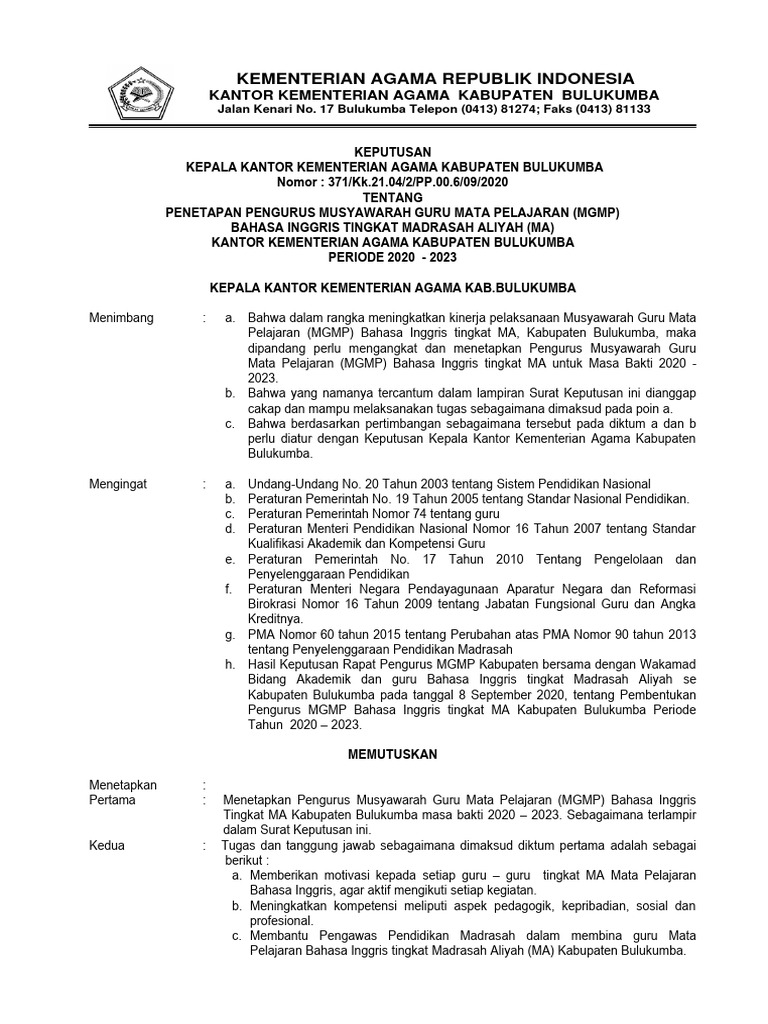SK Pengurus MGMP Ma B. Inggris | PDF