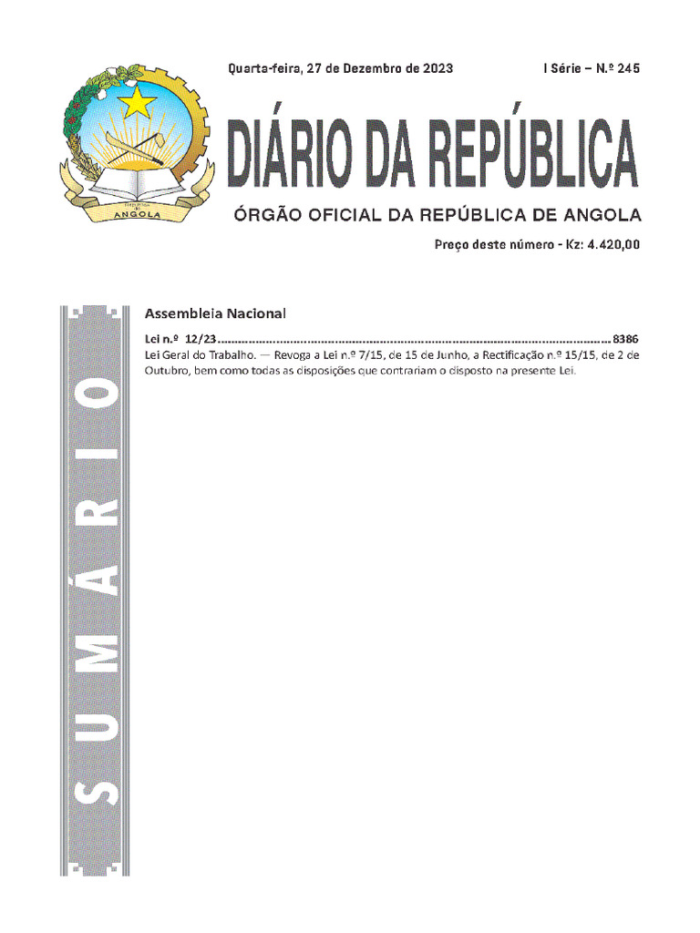 Lei 12 - 23 de 27 de Dezembro - Lei Geral Do Trabalho | PDF