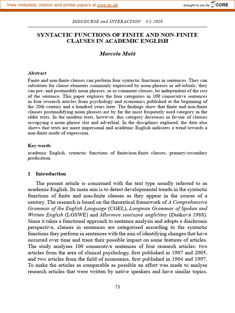 Syntactic Functions of Finite and Non-Finite Clauses in Academic English | Download Free PDF ...