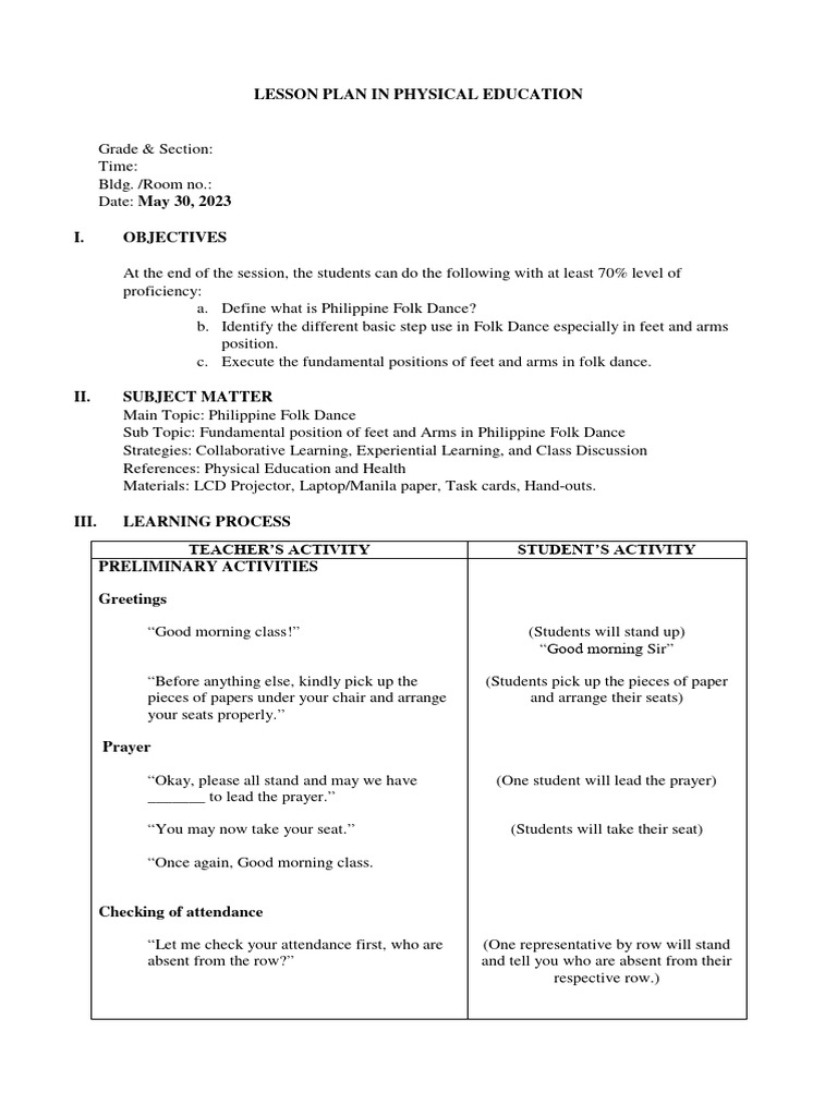 Fundamentals of Dance Lesson Plan | PDF | Dances | Foot