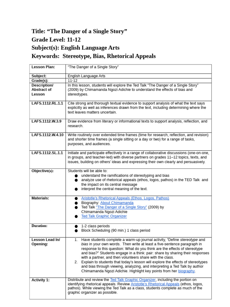 Watts Bromery 11 12 The Danger of A Single Story | PDF | Rhetoric | Logos