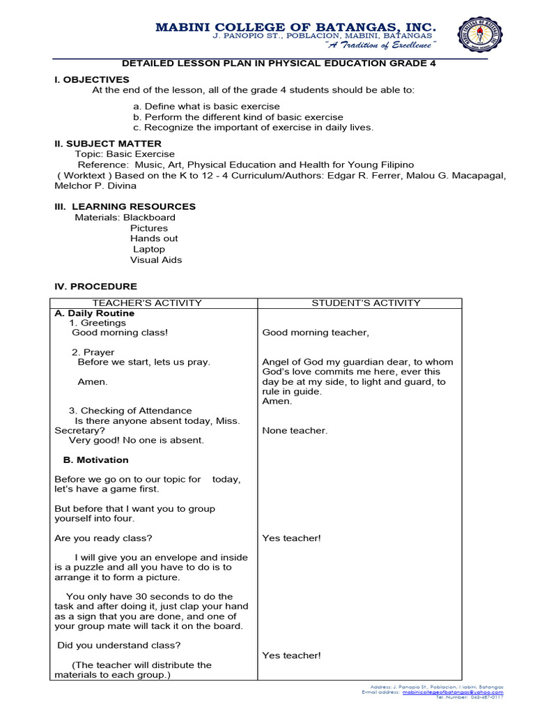 Grade 4 PE Detailed Lesson Plan | PDF | Physical Exercise | Physical ...