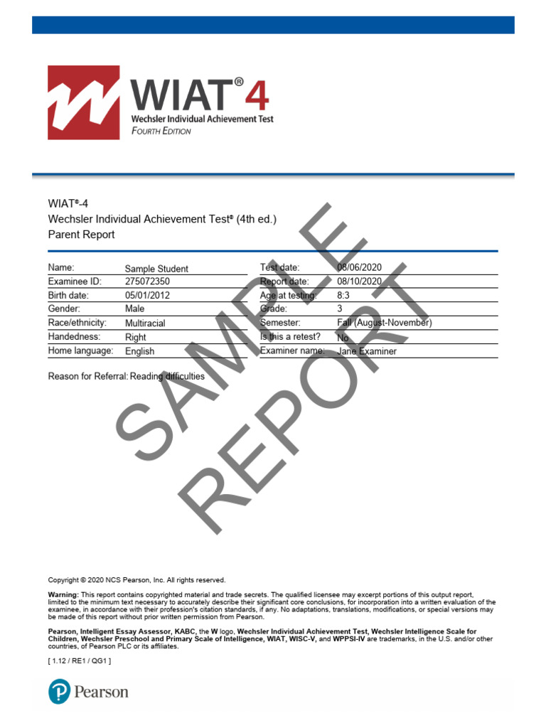 Wiat 4 Sample Parent Report | PDF | Reading Comprehension | Wechsler Adult Intelligence Scale