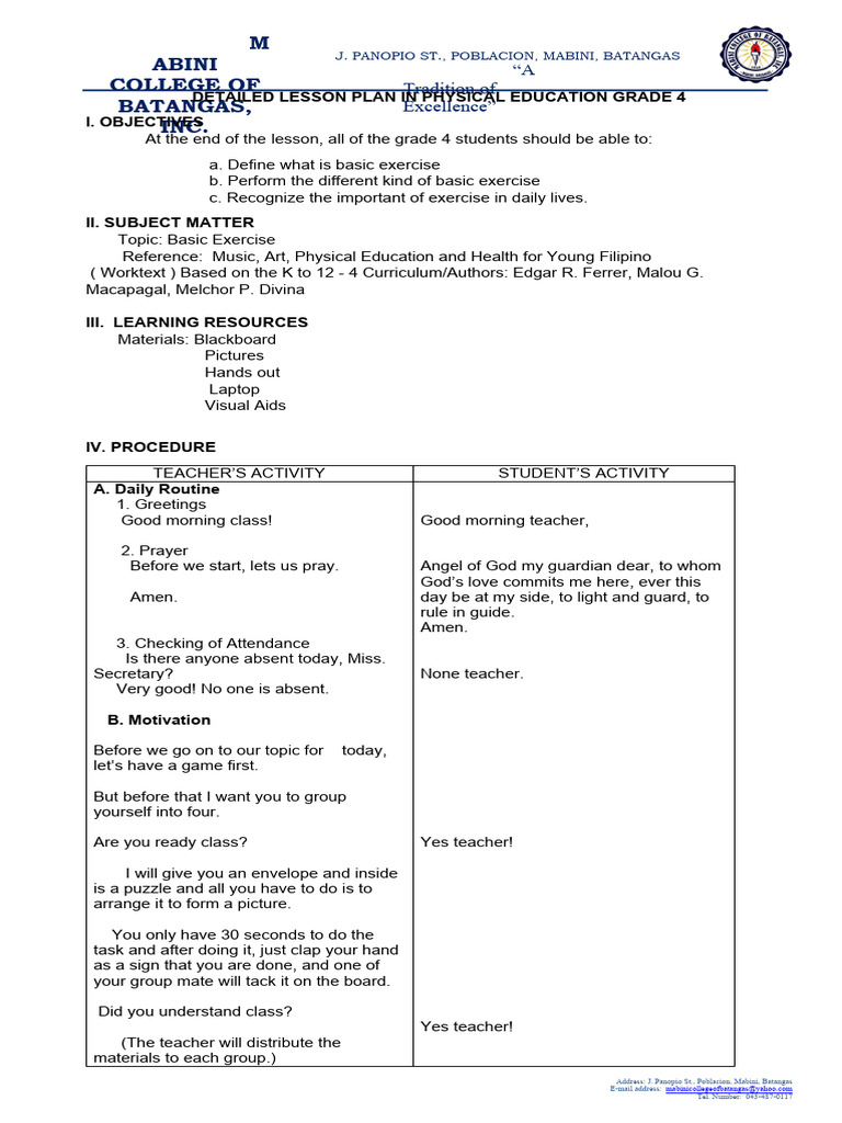 Detailed Lesson Plan in Physical Education Grade 4 | PDF | Physical ...