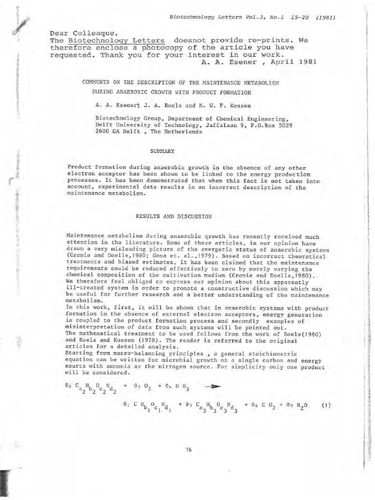 BIOTECHNOLOGY LETTERS - Maintenance Metabolism Comments Red | PDF