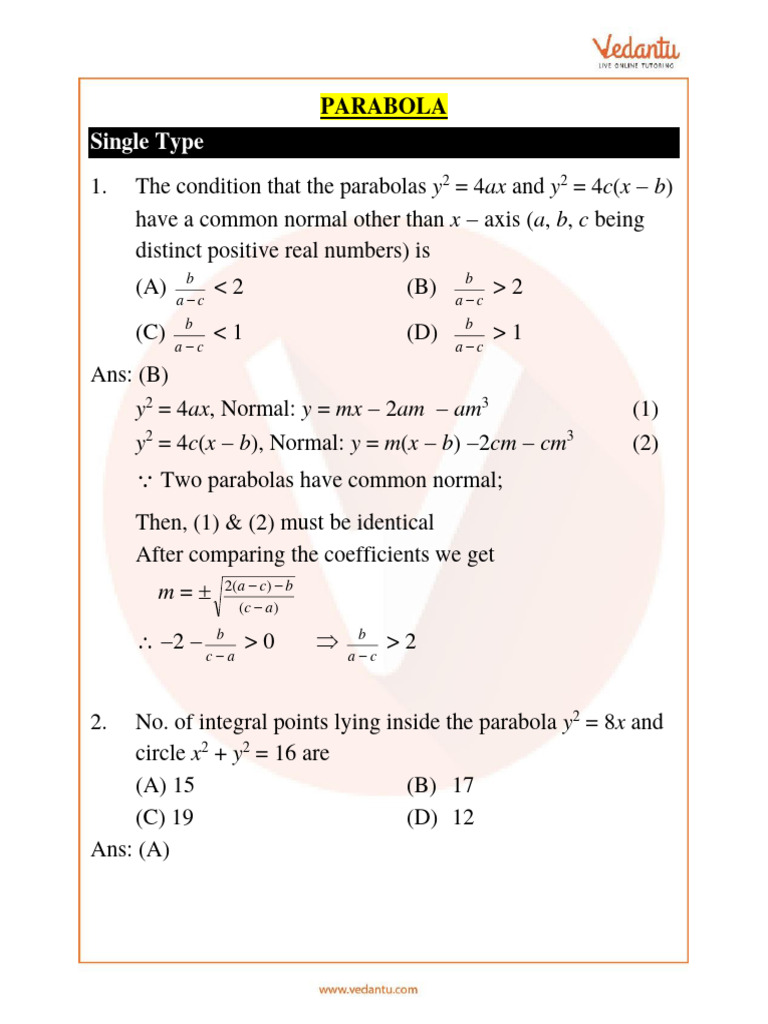 JEE Advanced Parabola Important Questions | PDF | Manifold | Elementary ...
