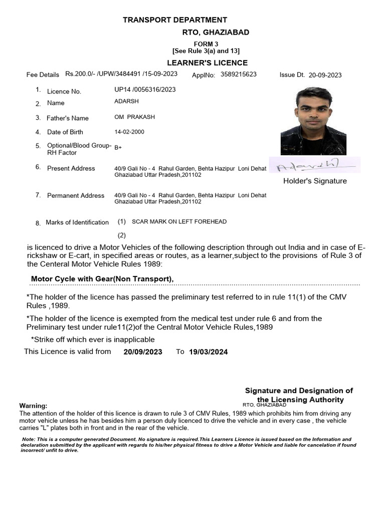 Adarsh License | Download Free PDF | Driving | Vehicles