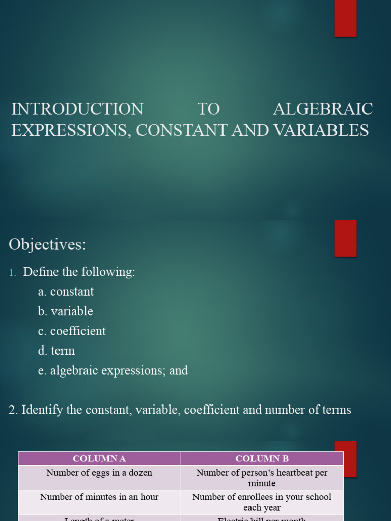 INTRODUCTION TO ALGEBRAIC EXPRESSIONS, CONSTANT AND VARIABLES | PDF | Numbers | Variable ...