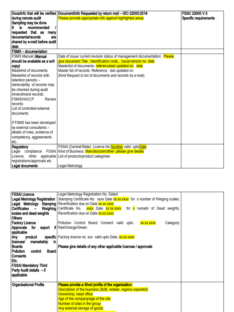 Info Requested Before Audit FSSC 22k V 5 Version New Edited Food | PDF ...