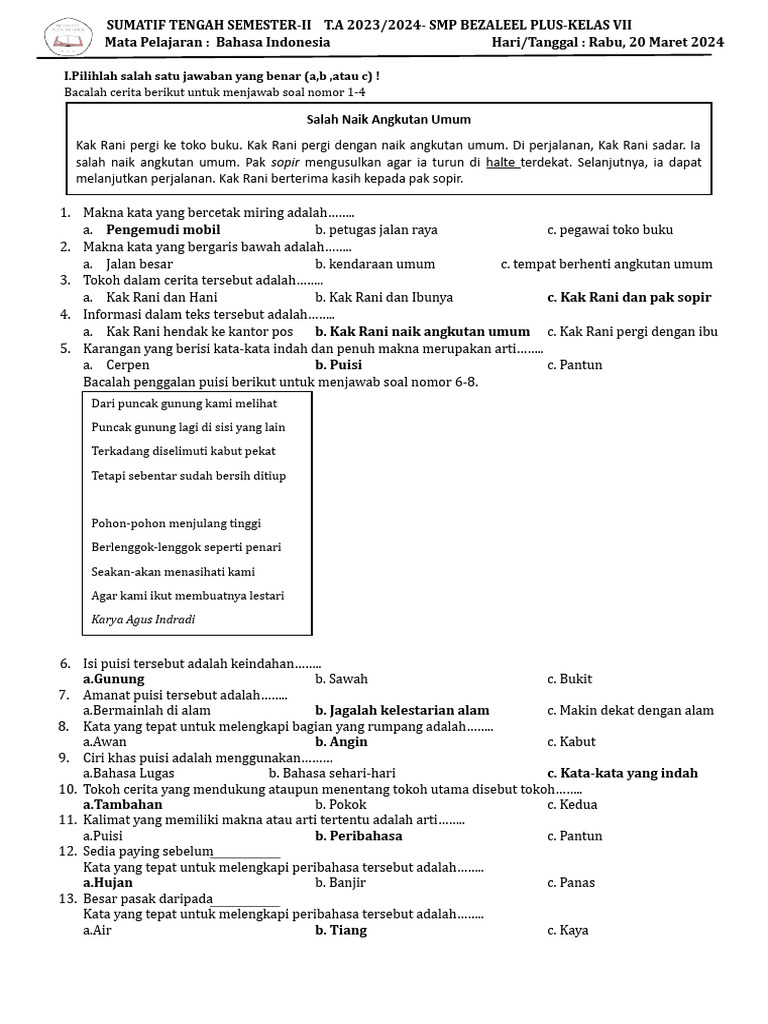 Soal Uas BHS Indonesia Kelas 2 Sukarno | PDF