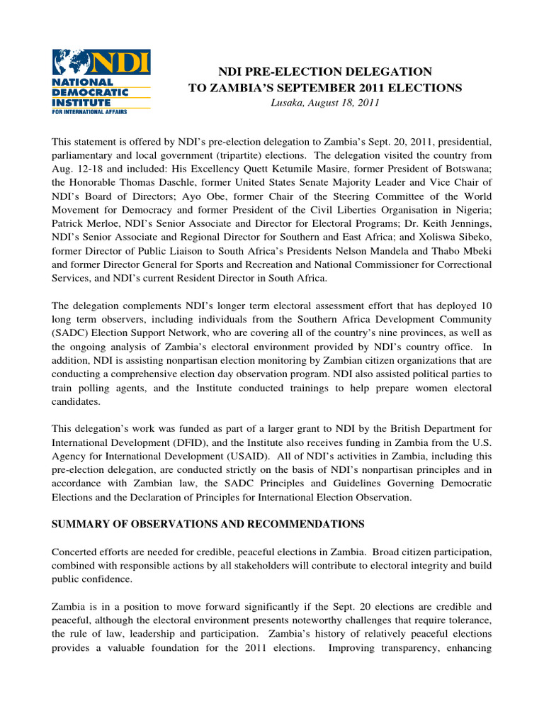 Zambia Pre Election Statement Aug18 2011 | PDF | Elections | Voting