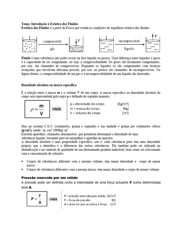 Estatica Dos Fluido | PDF | Densidade | Pressão