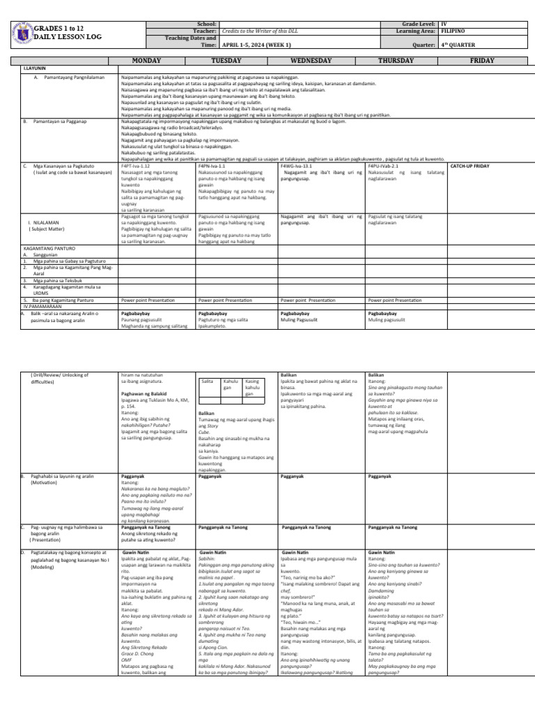 DLL Filipino 4 q4 w1 | PDF