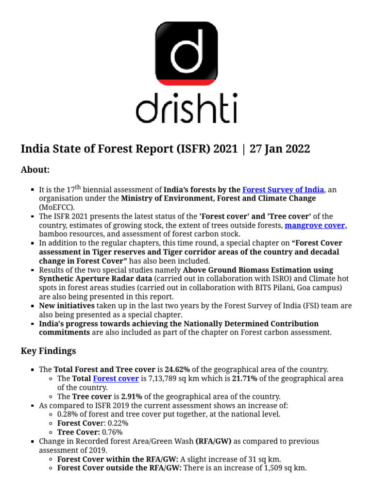 Summary of Important Reports - India State of Forest Report Isfr 2021 ...