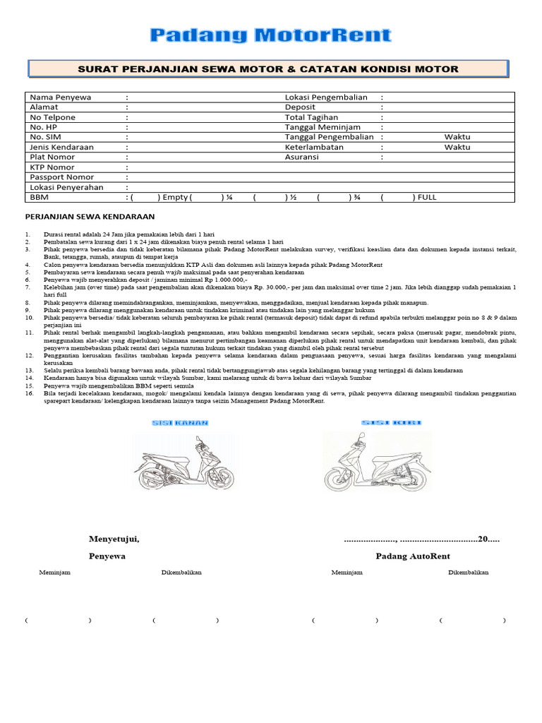 Surat Perjanjian Sewa & Kondisi Motor | PDF