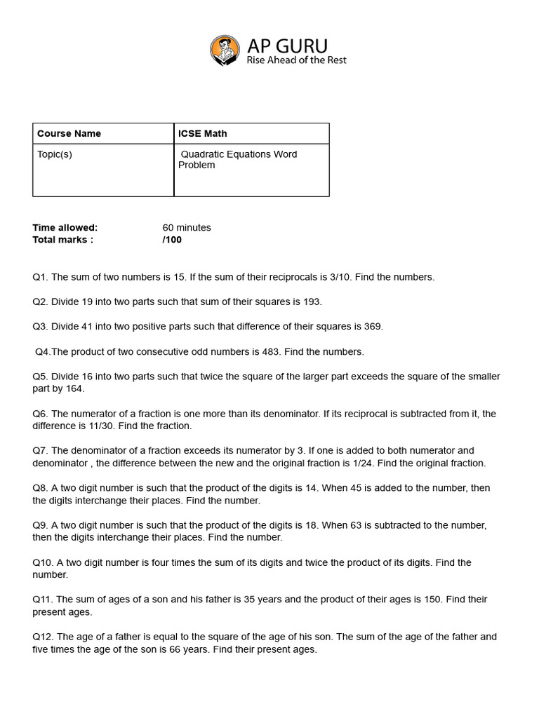 ICSE Math: Quadratic Word Problems | PDF | Triangle | Length