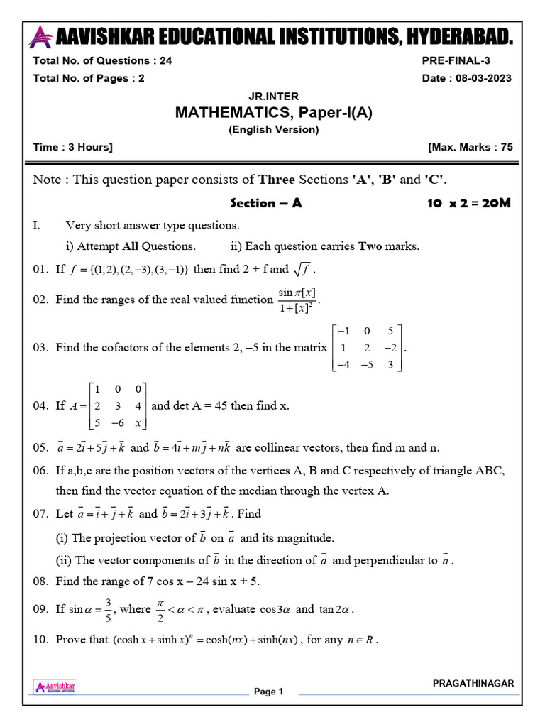 JR.INTER_MATHS-1A_PRE-FINAL-03_PAPER_08-03-2023 | PDF | Triangle ...