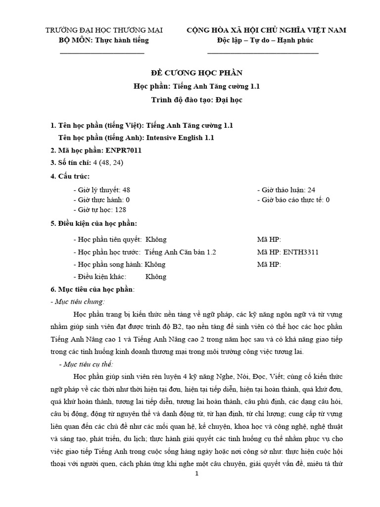 17. ENPR7011. Tiếng Anh Tăng Cường 1 (CLC) | PDF