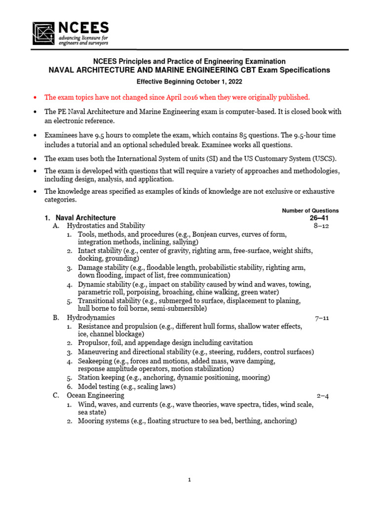PE - Naval Arch & Marine Eng CBT Exam Specifications | PDF | Naval Architecture | Hull (Watercraft)