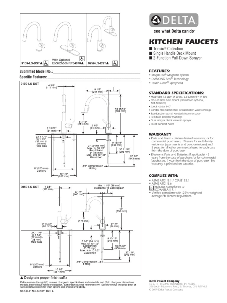 Delta 9159 Ls DST Specification Sheet | PDF