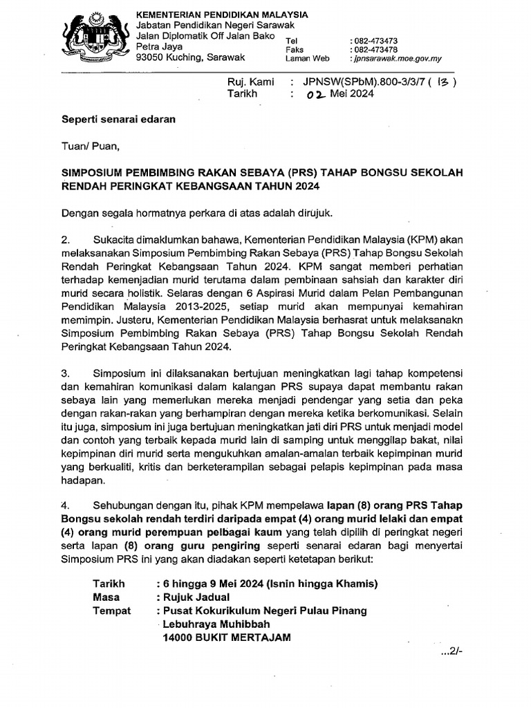 Surat Jemputan Peserta Ke Simposium Prs Tahap Bongsu Peringkat ...
