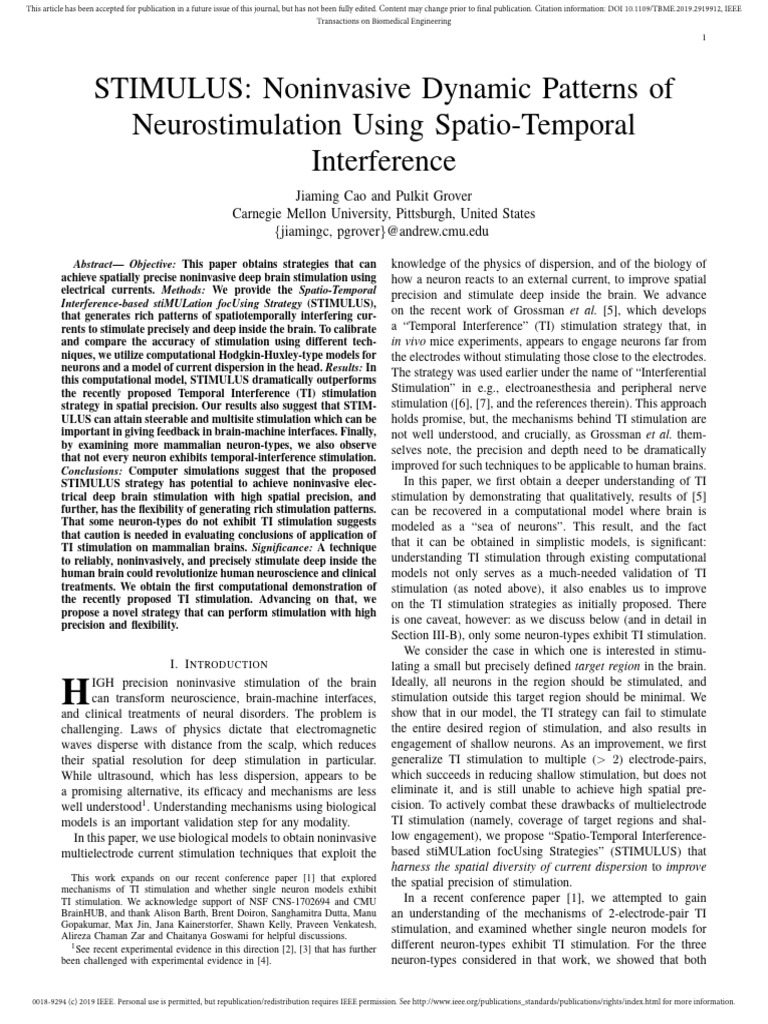 STIMULUS - Noninvasive Dynamic Patterns of Neurostimulation Using Spatio-Temporal Interference ...