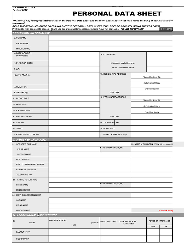 CS Form No. 212 PDS 2017 revised | Download Free PDF | Passport ...