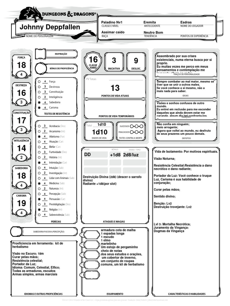 Aasimar Caído DD 5e Ficha de Personagem Automatica Biblioteca Elfica | PDF
