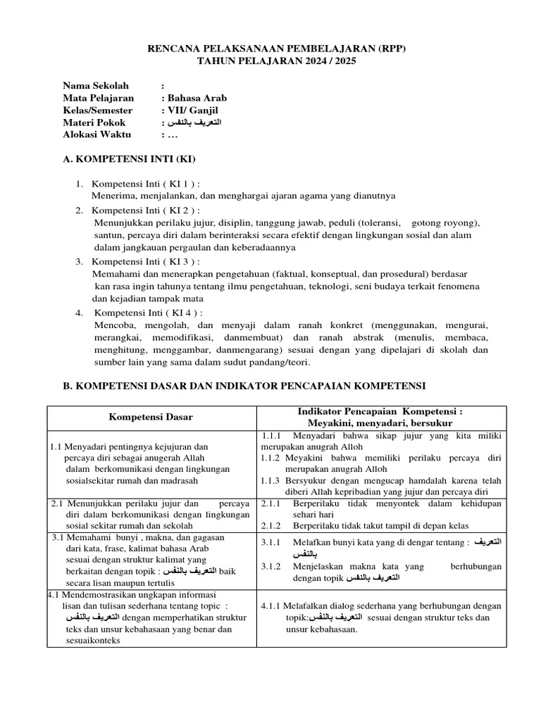 RPP Bahasa Arab Kelas 7 | PDF | Karier & Perkembangan | Seni & Disiplin Bahasa
