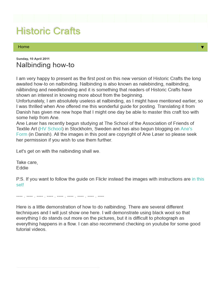 Historic Crafts - Nalbinding How-To | PDF | Yarn | Knitting