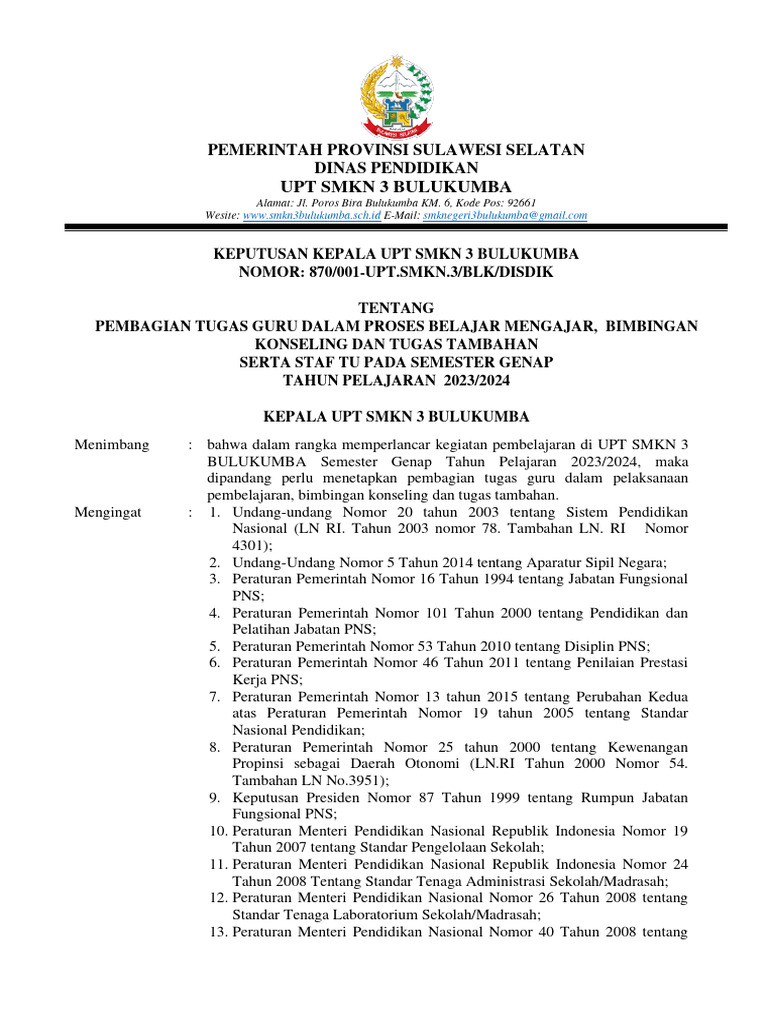 SK Pembagian Tugas Genap TP 2023-2024 Fix1 | PDF