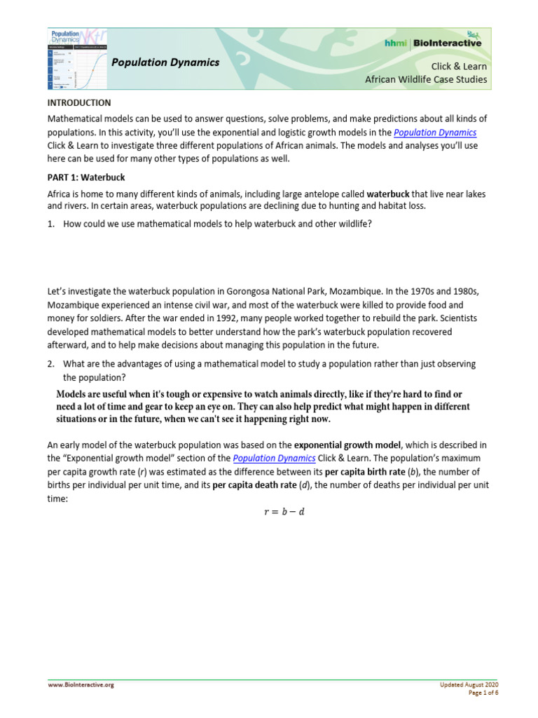 Population Dynamics African Wildlife Case Studies Click and Learn Student Worksheet-1 | PDF ...