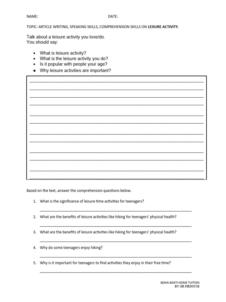 Leisure Activity Lesson Grammar Article Writing and Comprehension | PDF