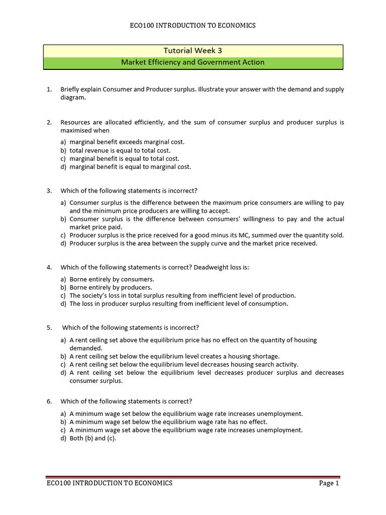 ECO100 Introduction To Economcs - Tutorial 3 | PDF | Economic Surplus ...