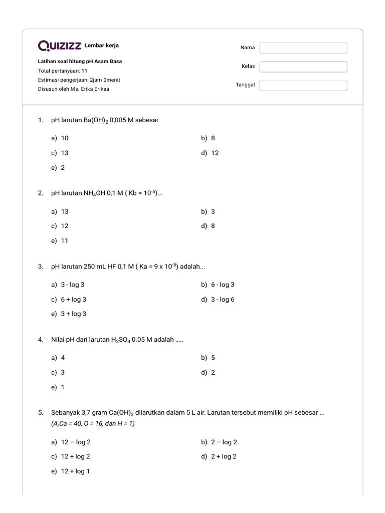Latihan Soal Hitung PH Asam Basa - Quizizz | PDF