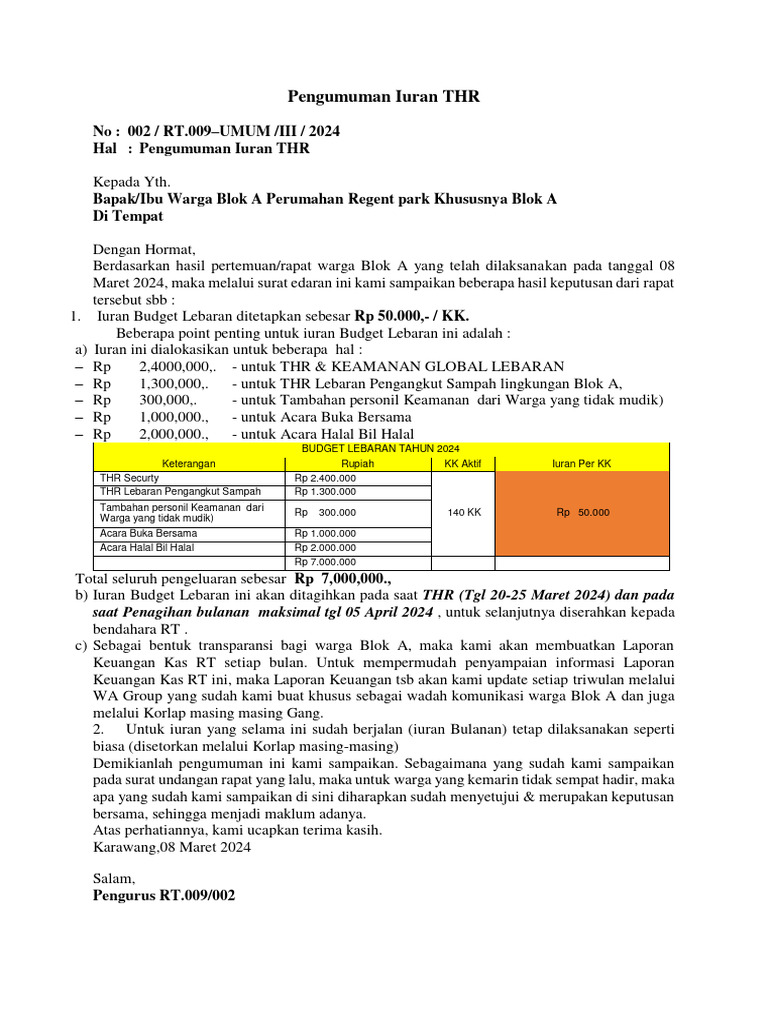 Pengumuman Hasil Rapat Pengurus Untuk Budget Lebaran 2024 | PDF | Bisnis | Griya & Taman