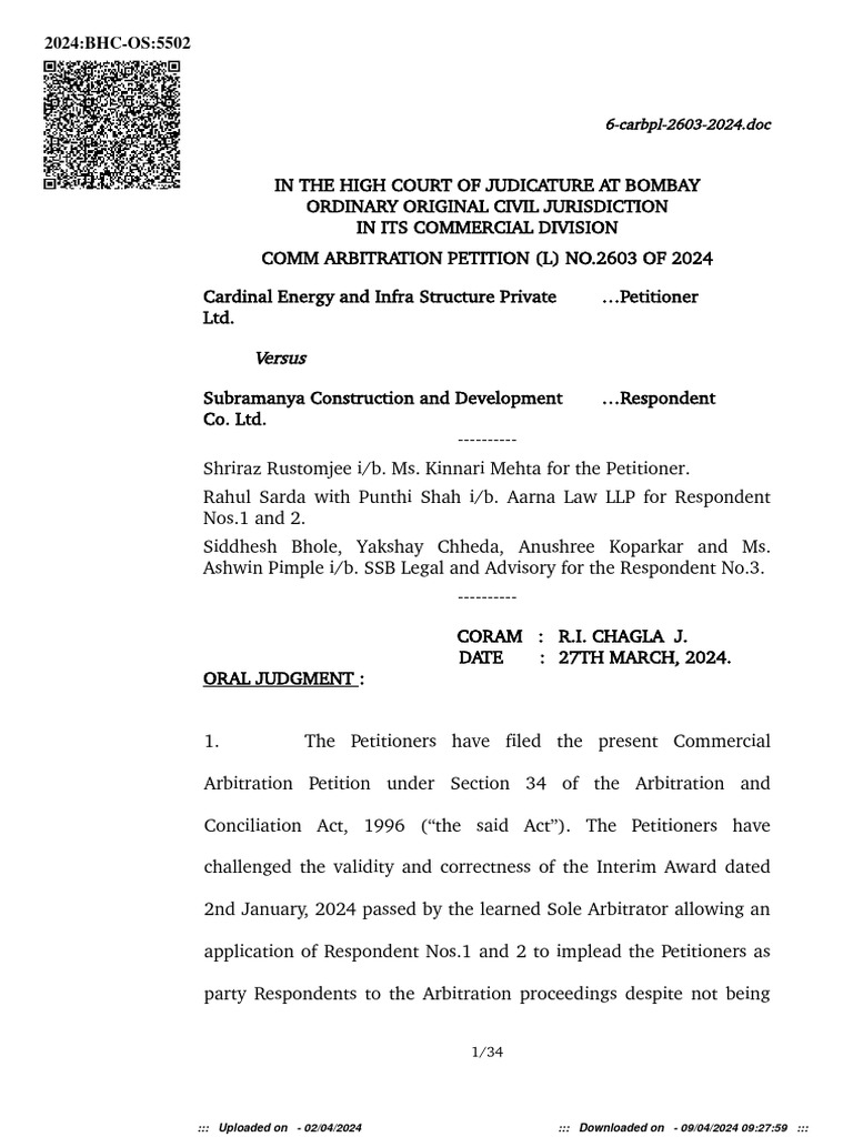 Cardinal Energy Vs Subramanya Cons - BomHC - 2024-1 | PDF | Arbitration | Tribunal