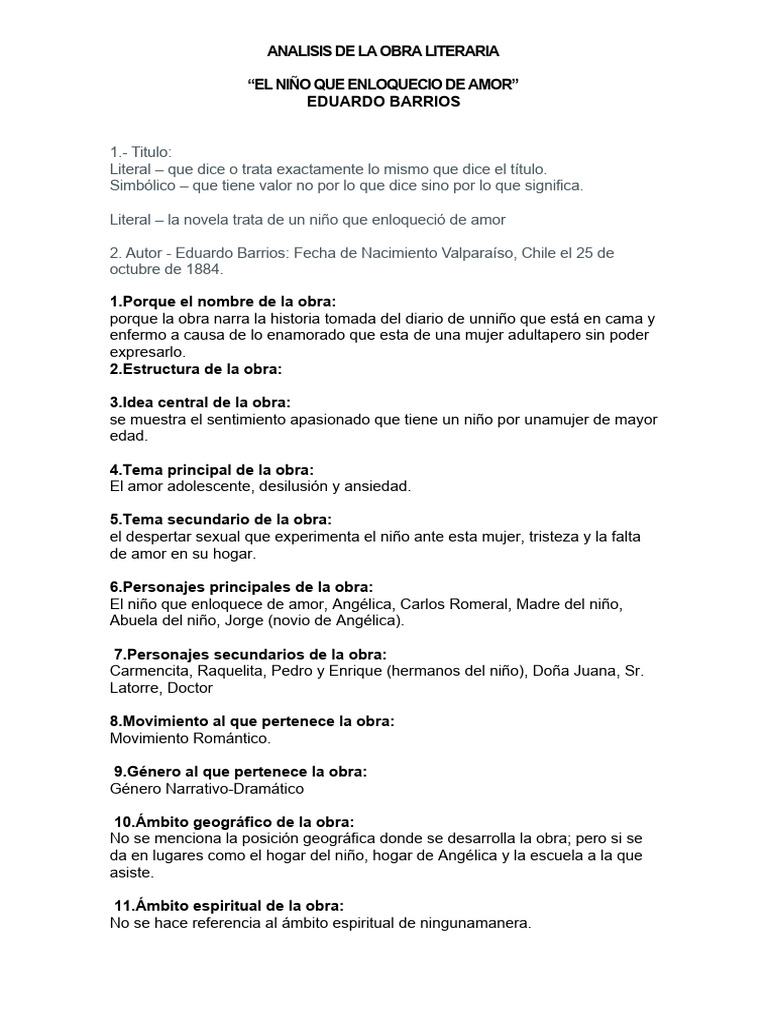 Analisis de La Obra Literaria El Niño Que Enloquecio de Amor | PDF | Amor
